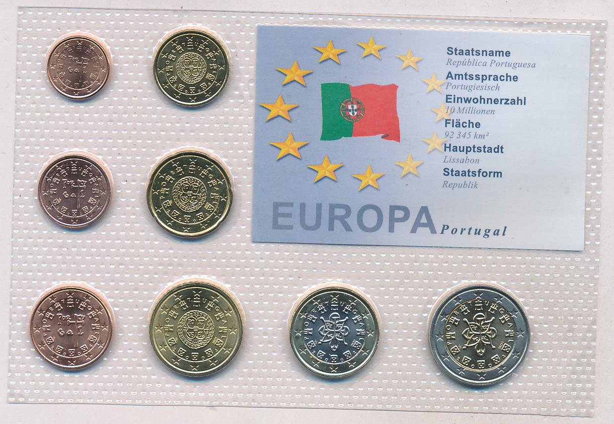 Набор монет Португалии: 2,1 евро, 50,20,10,5,2,1 евроцент (8шт). 2004