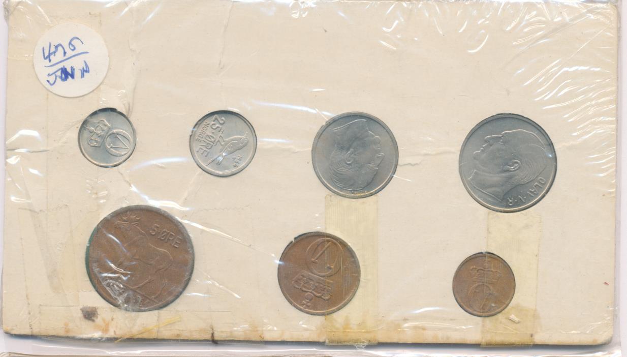 Набор монет Норвегии (7шт): 1 крона, 50,25,10,5,2,1 эре. 1964