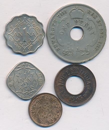 Лот монет Индии, Зап Африки: 5шт. 1919-1946