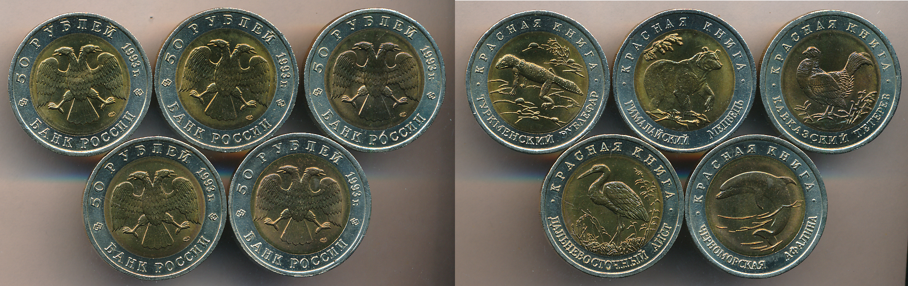 Набор монет СССР (Красная книга) 50 руб (5шт) Коробка. 1993