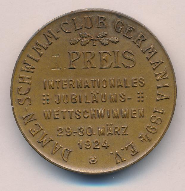 Медаль победителя. Плавание. Берлин, Германия. D-37 мм.. 1924