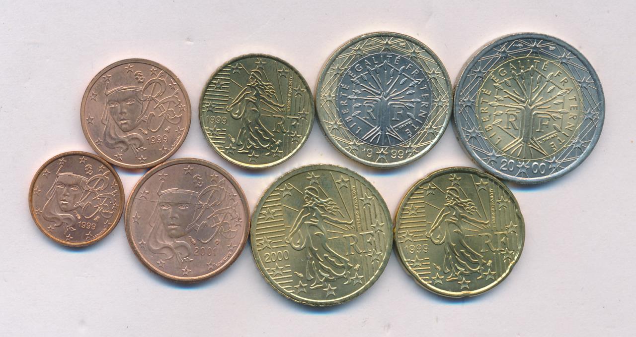 Лот евро монет Франция: 2,1 евро, 50,20,10,5,2,1 евроцент (8шт). 1999-2001